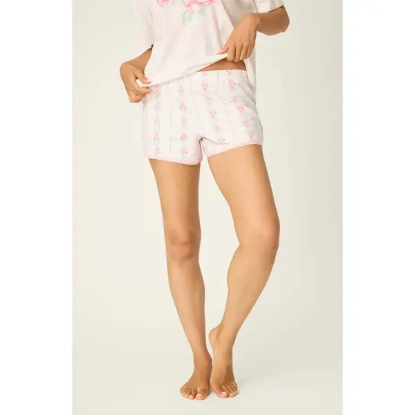 PJ Salvage Roses Are Pink Double Brushed Pointelle Pajama Shorts - Ivory