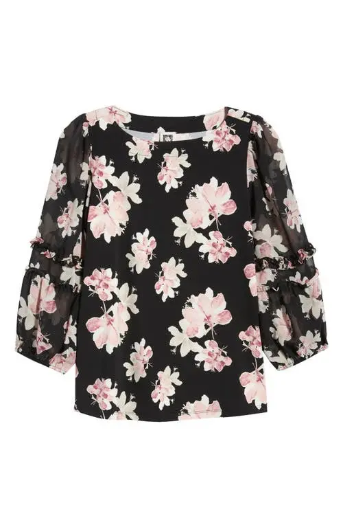 Anne Klein Ruffle Floral Puff Sleeve Top - Anne Black Multi