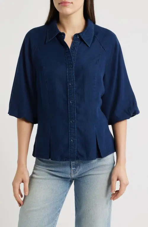 Wit & Wisdom Bubble Sleeve Flared Button-up Top - Indigo