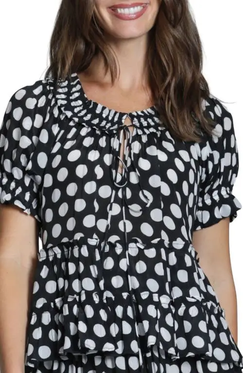 APNY Tiered Ruched Tie Neck Top - Blackwhite