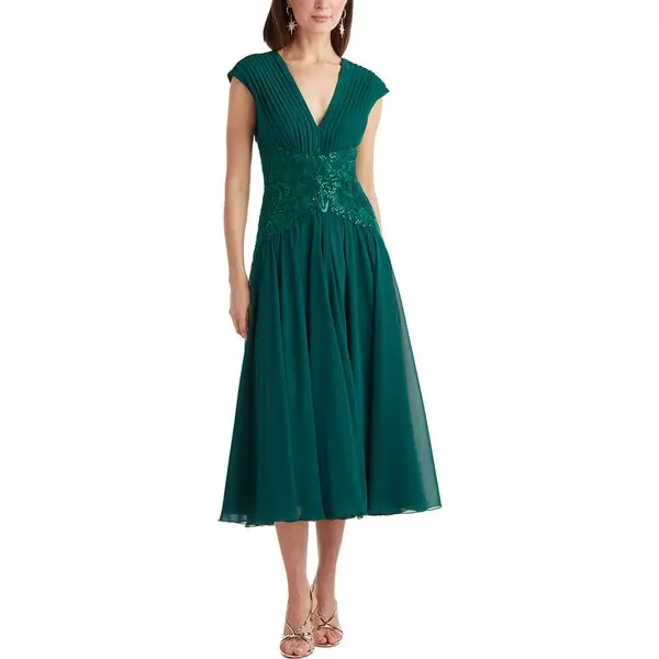 Tadashi Shoji Sequin Pleated Chiffon Midi Dress