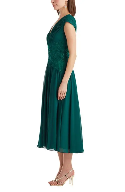 Tadashi Shoji Sequin Pleated Chiffon Midi Dress