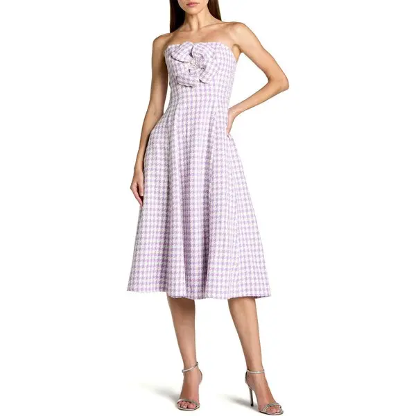 Mac Duggal Strapless Bouclé Midi Dress With Embellished Floral Detail - Lilac