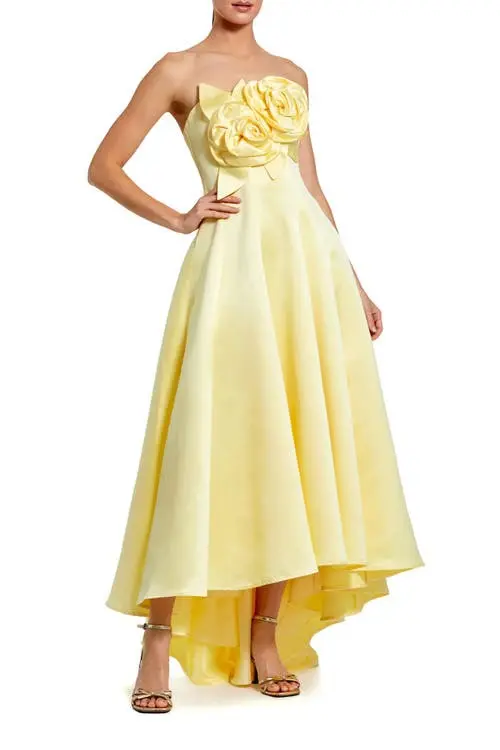 Mac Duggal Strapless Satin High-low Gown With 3d Flowers - Buttercup