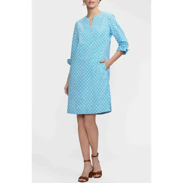 Foxcroft Geo Lattice Print Cotton Shift Dress - Blue/white