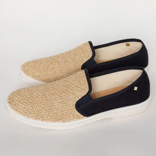 Rivieras Classic Cotton Canvas And Raffia Slip-on Loafer - Navy