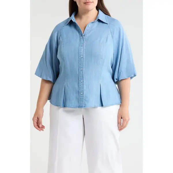 Wit & Wisdom Bubble Sleeve Button-up Chambray Top - Light Blue