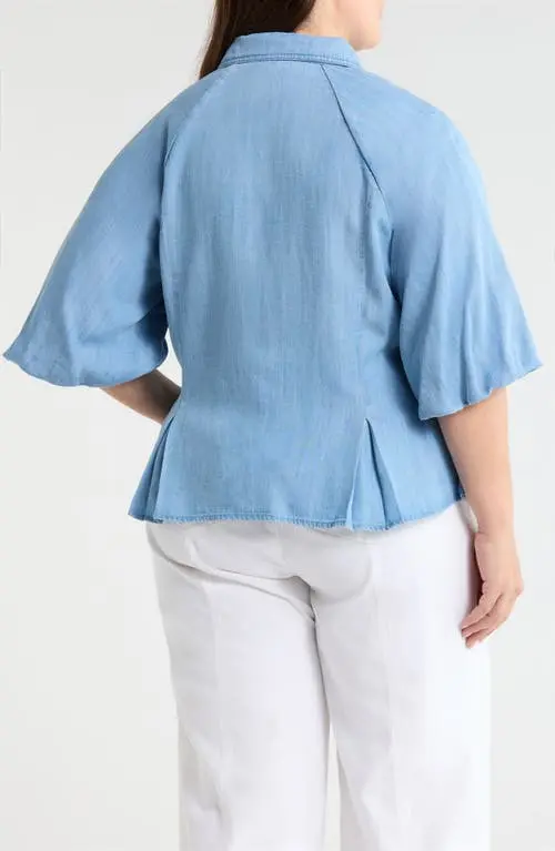 Wit & Wisdom Bubble Sleeve Button-up Chambray Top - Light Blue