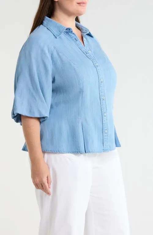 Wit & Wisdom Bubble Sleeve Button-up Chambray Top - Light Blue