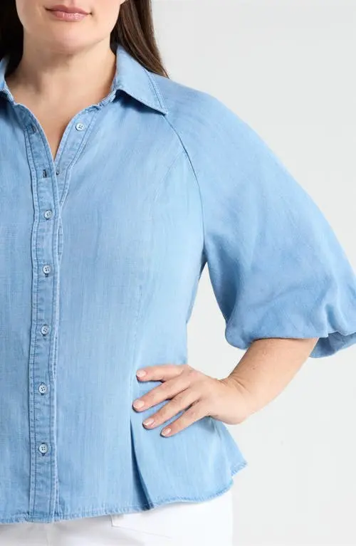 Wit & Wisdom Bubble Sleeve Button-up Chambray Top - Light Blue