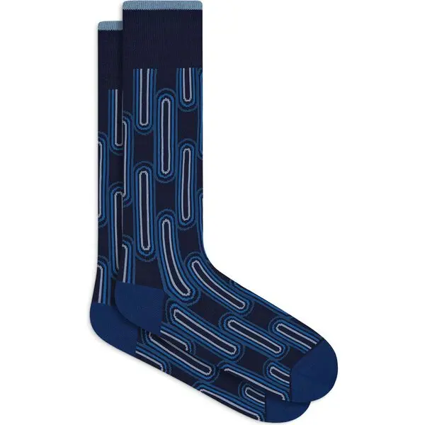 Bugatchi Link Pattern Mercerized Cotton Blend Dress Socks - Navy