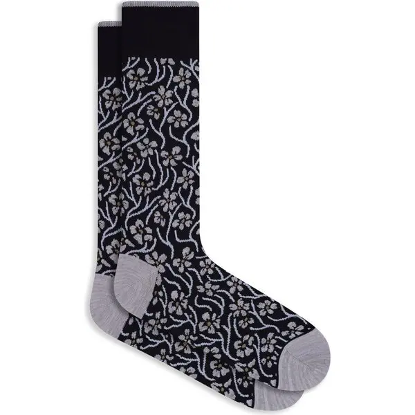 Bugatchi Floral Mercerized Cotton Blend Dress Socks - Black