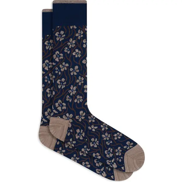 Bugatchi Floral Mercerized Cotton Blend Dress Socks - Navy/mocha