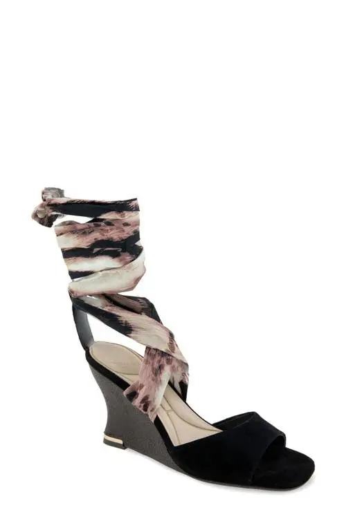 KENNETH COLE Fabia Ankle Wrap Wedge Sandal - Black/brown Suede