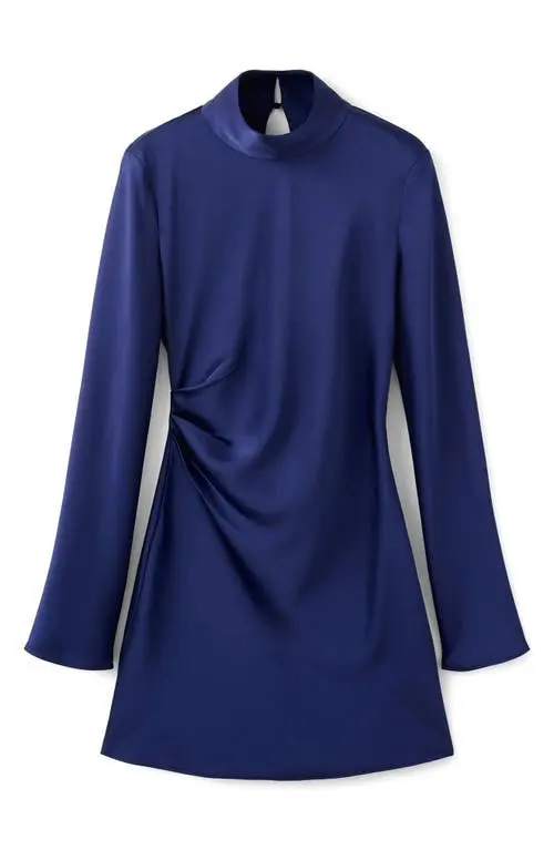 Mango Pleated Long-sleeve Satin Dress - Indigo Blue