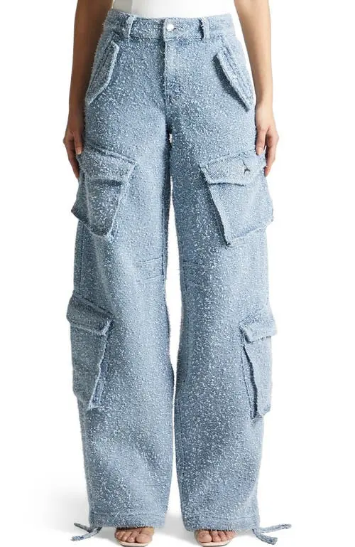 Manière De Voir High Waisted Boucle Denim Cargo Pants - Mid Blue
