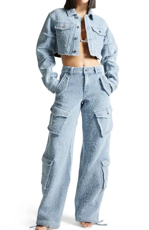 Manière De Voir High Waisted Boucle Denim Cargo Pants - Mid Blue