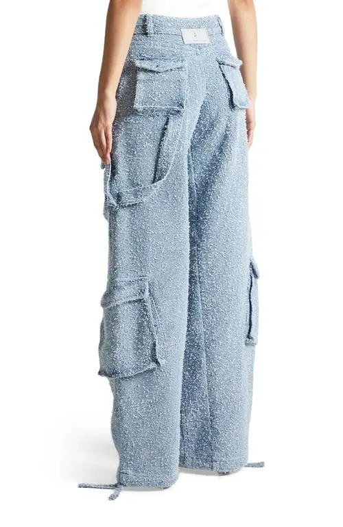 Manière De Voir High Waisted Boucle Denim Cargo Pants - Mid Blue