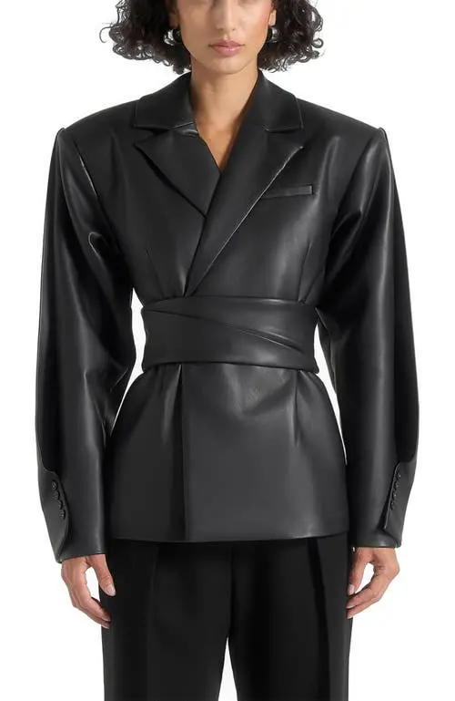 Manière De Voir Twist Sleeve Vegan Leather Blazer - Black