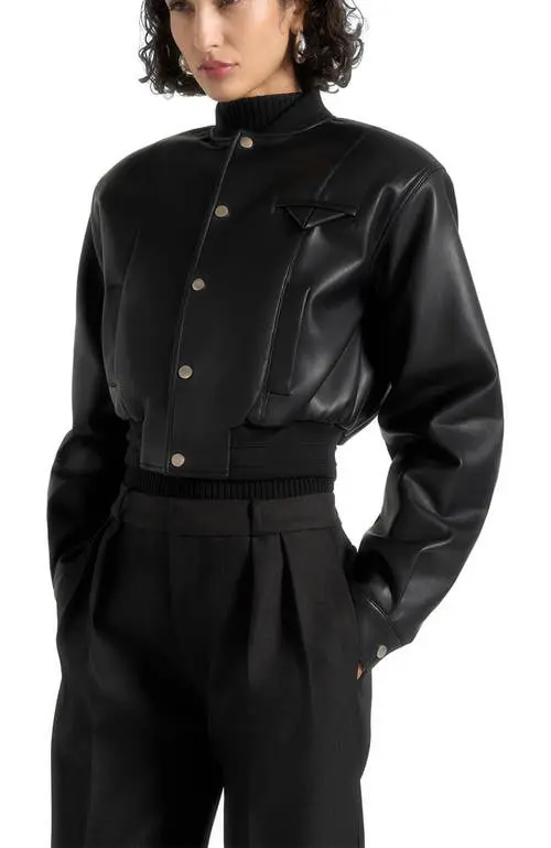 Manière De Voir Leather Wide Shoulder Bomber Jacket - Black
