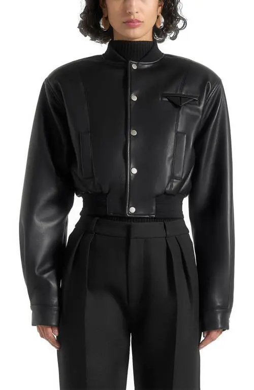 Manière De Voir Leather Wide Shoulder Bomber Jacket - Black