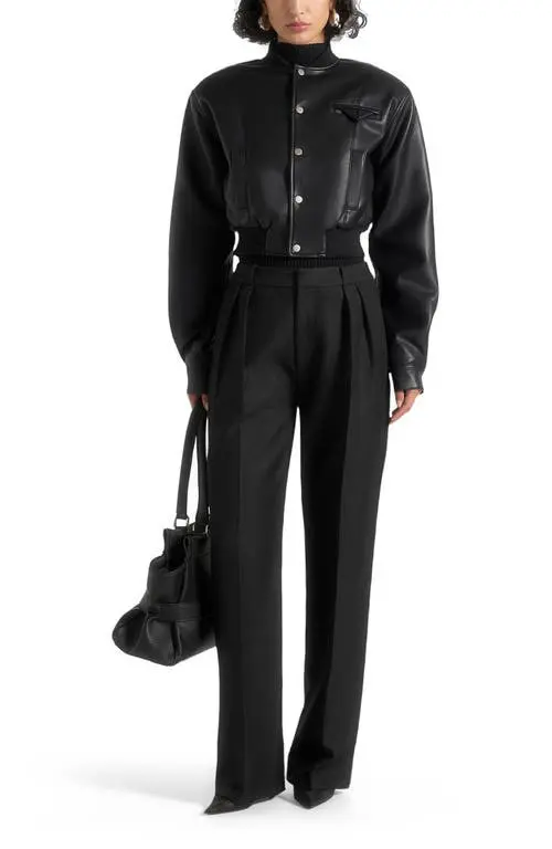 Manière De Voir Leather Wide Shoulder Bomber Jacket - Black