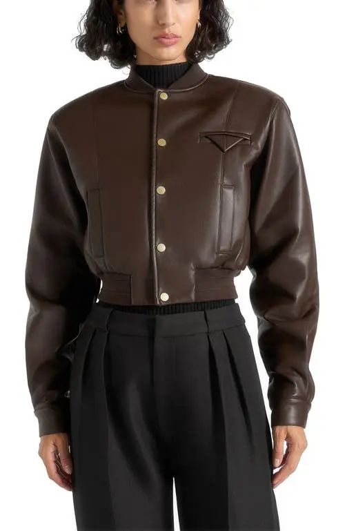 Manière De Voir Leather Wide Shoulder Bomber Jacket - Brown