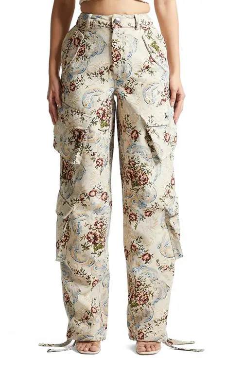 Manière De Voir Floral Jacquard High Waisted Cargo Pants - Beige