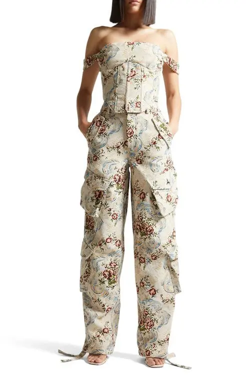 Manière De Voir Floral Jacquard High Waisted Cargo Pants