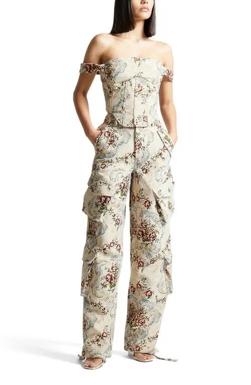 Manière De Voir Floral Jacquard High Waisted Cargo Pants
