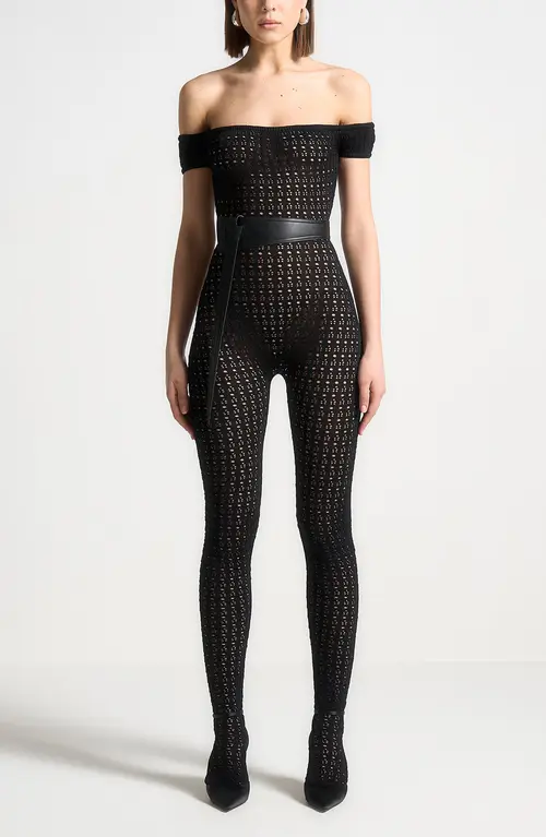 Manière De Voir Martine Pointelle Knit Bardot Jumpsuit With Belt - Black
