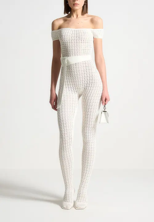 Manière De Voir Martine Pointelle Knit Bardot Jumpsuit With Belt - Cream