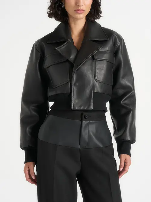 Manière De Voir Cosette Vegan Leather Bomber Jacket - Black