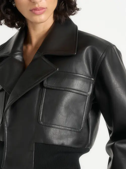 Manière De Voir Cosette Vegan Leather Bomber Jacket - Black