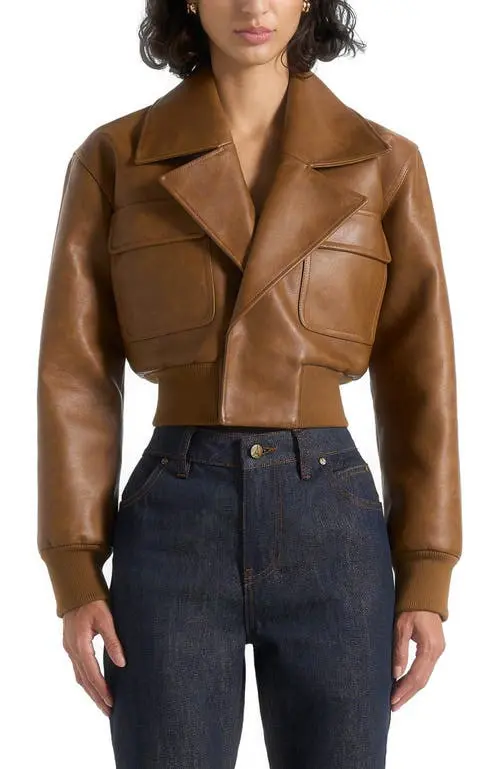 Manière De Voir Cosette Vintage Leather Lapel Bomber Jacket - Brown