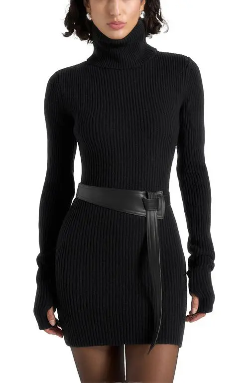Manière De Voir Kalia Roll Neck Knitted Mini Dress With Belt - Black