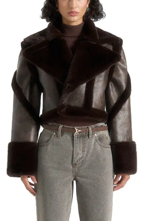 Manière De Voir Vintage Leather & Plush Gilet Jacket - Brown