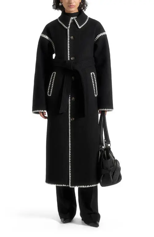Manière De Voir Elora Wool Blanket Stitch Belted Longline Coat - Black