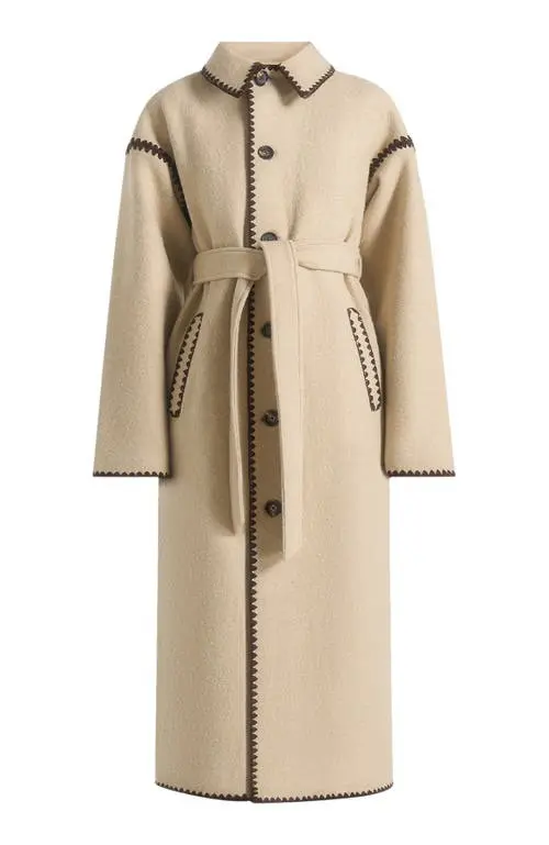 Manière De Voir Elora Wool Blanket Stitch Belted Longline Coat - Taupe