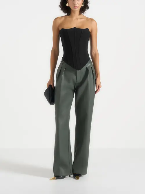 Manière De Voir Leather Pleat Front Trousers - Olive