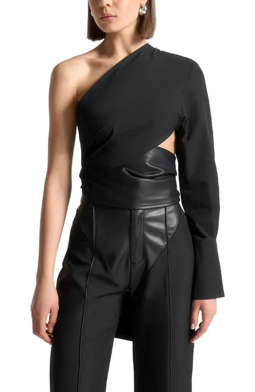 Manière De Voir Coralie One Sleeve Vegan Leather Wrap Top - Black