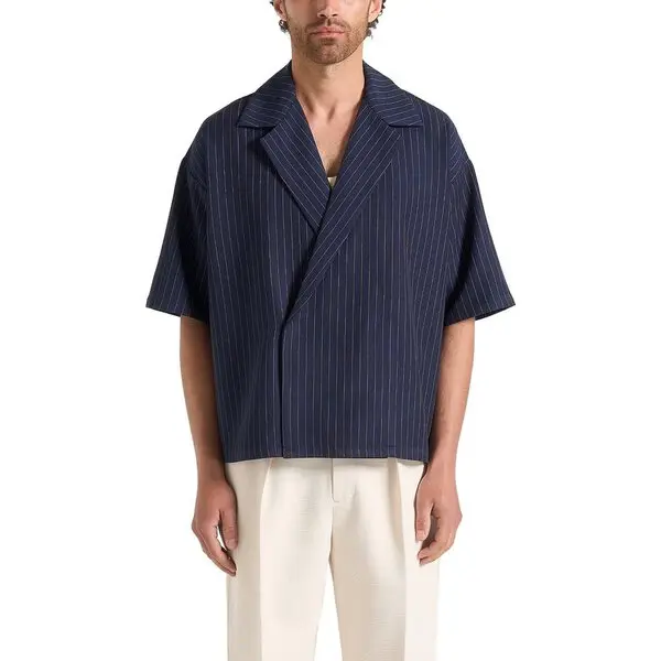 Manière De Voir Abel Boxy Pinstripe Double Breasted Shirt - Navy
