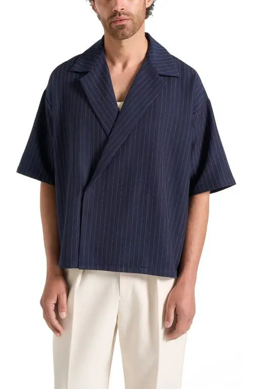 Manière De Voir Abel Boxy Pinstripe Double Breasted Shirt - Navy
