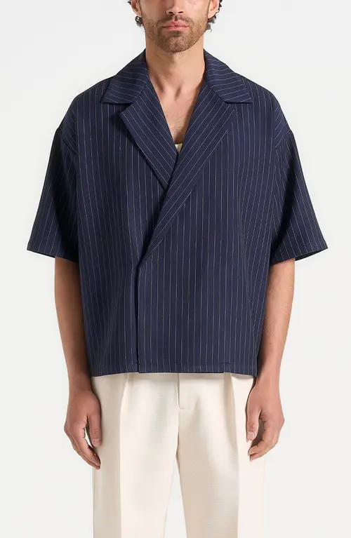 Manière De Voir Abel Boxy Pinstripe Double Breasted Shirt - Navy