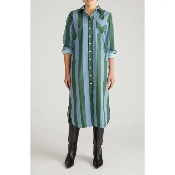 Universal Standard Odeon Long Sleeve Midi Shirtdress - Green/blue Stripe