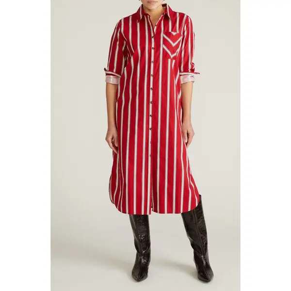 Universal Standard Odeon Long Sleeve Stretch Poplin Midi Shirt Dress - Red/black/white