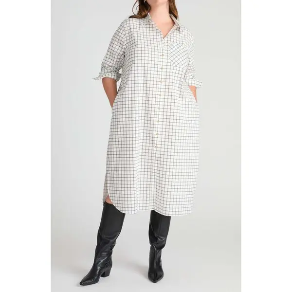 Universal Standard Odeon Long Sleeve Midi Shirtdress - White Windowpane Check