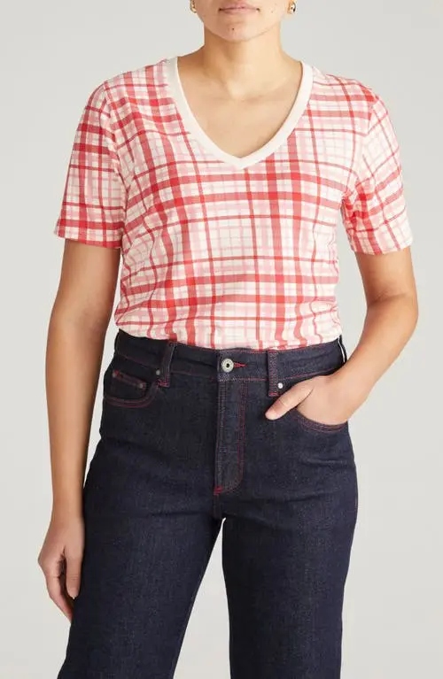 Universal Standard V-neck Tee - Red Check Print