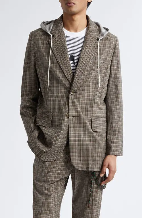 SONG FOR THE MUTE Square Glen Plaid Single-breasted Blazer With Drawstring Hood