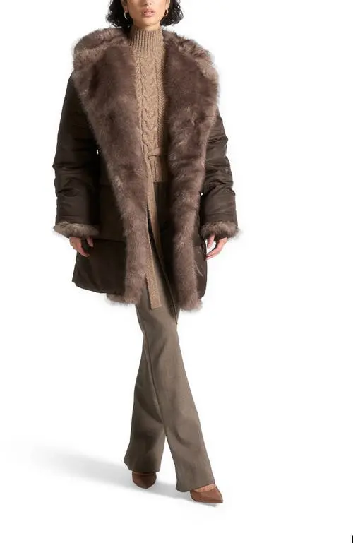 Manière De Voir Longline Puffer Coat With Faux Fur Trims And Belt